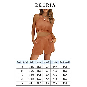 REORIA Women's Fashion 2 Piece Outfits One Shoulder Sleeveless Two Piece Crop Tops Linen Shorts Matching Sets Vacation Shorts Sets Linen Romper Summer Outfits Trendy With Pockets Light Brown-X-Large