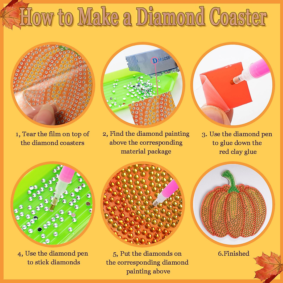 8Pcs Fall Diamond Art Painting Coasters Thanksgiving Diamond Art Coasters Kits with Holder Pumpkin Maple Leaf Turkey DIY 5D Diamonds Coasters for Autumn Harvest Party Adults Kids Beginners Craft