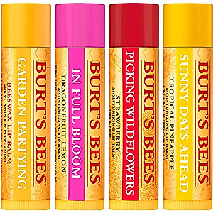 Burt's Bees Lip Balm Easter Basket Stuffers, Lip Care Gifts for All Day Hydration, In Full Bloom Set - Beeswax, Dragonfruit Lemon, Tropical Pineapple & Strawberry, 4 Pack (Packaging May Vary)