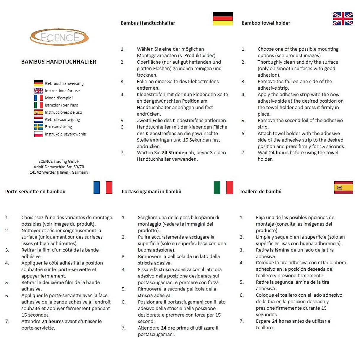 ECENCE Hand Towel Holder Bamboo Wood Adhesive Wall Mounted, Hand Towel Bar for Bathroom Guest Hand Towel Rack 15.16"