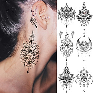 EGMBGM 15 Sheets Sexy Black Lotus Temporary Tattoos For Women Wedding Brides, Tribal Fake Jewelry Pendant Lace Moon Moth Flowers Temp Tattoos Temporary Sticker For Girls Arm Neck Hands Tatoos Jewels