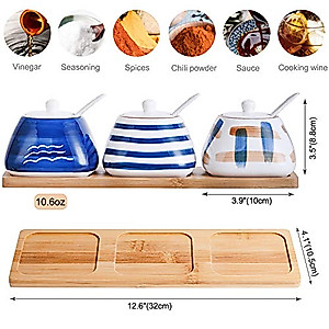 DGVR Porcelain Condiment Jar Spice Container with set of 3 Ceramic Condiment Pot Seasoning Box with Ceramic Serving Spoon and Lid - Bamboo Tray Porcelain Sugar Bowl for Home Kitchen 300ml (10.6oz) 1