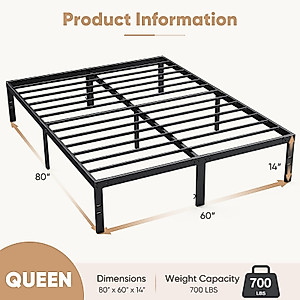 DUMOS Bed Frame - Queen Size Platform Bed Frame Metal Mattress Foundation with Steel Slat Support, No Box Spring Needed, Storage Space Under Frame, Easy Assembly, Black