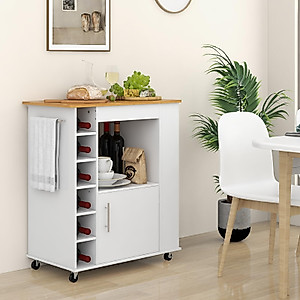 Giantex Kitchen Island, Mobile Kitchen Cart with Storage Cabinet, Bamboo Top, 6-Bottle Wine Rack, 3 Tier Spice Rack, Towel Holder, Rolling Microwave Cart for Dining Room Coffee Bar, White