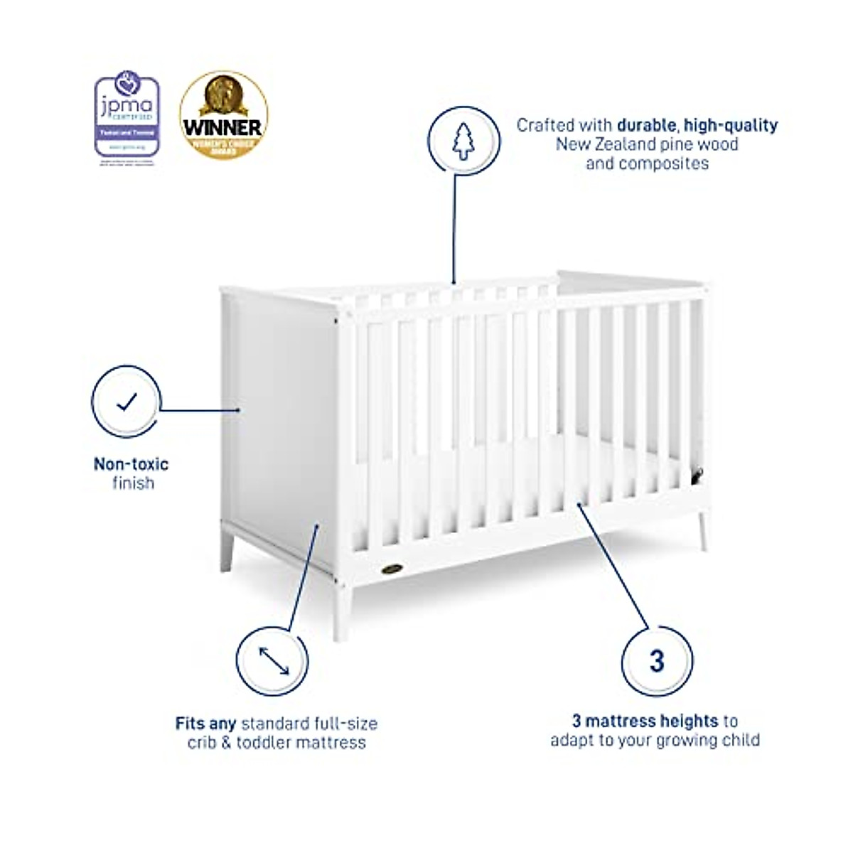 Graco Melbourne 3-in-1 Convertible Crib (White) – Converts from Baby Crib to Toddler Bed and Daybed, Fits Standard Full-Size Crib Mattress, Adjustable Mattress Support Base