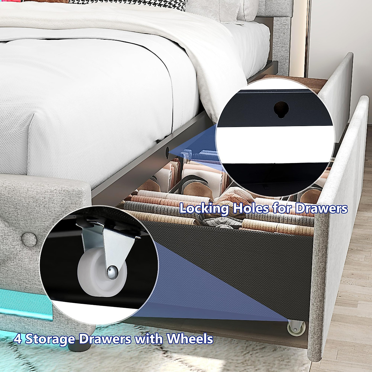 HOMFAMILIA Full Bed Frame with Headboard and Drawers, LED Bed Frame with Adjustable Storage & LED Lights Headboard, Upholstered Platform Bed with 2 USB Ports, No Box Spring Needed, Light Grey