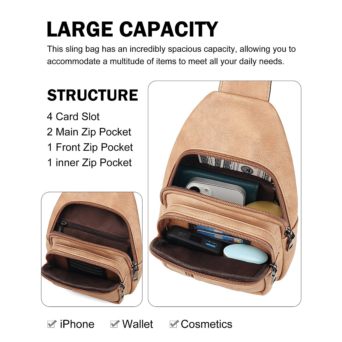 MASINTOR Sling Bag for Women - Crossbody Bags Fanny Pack with Vegan Leather - Adjustable Sling Backack for Travel Camel Brown