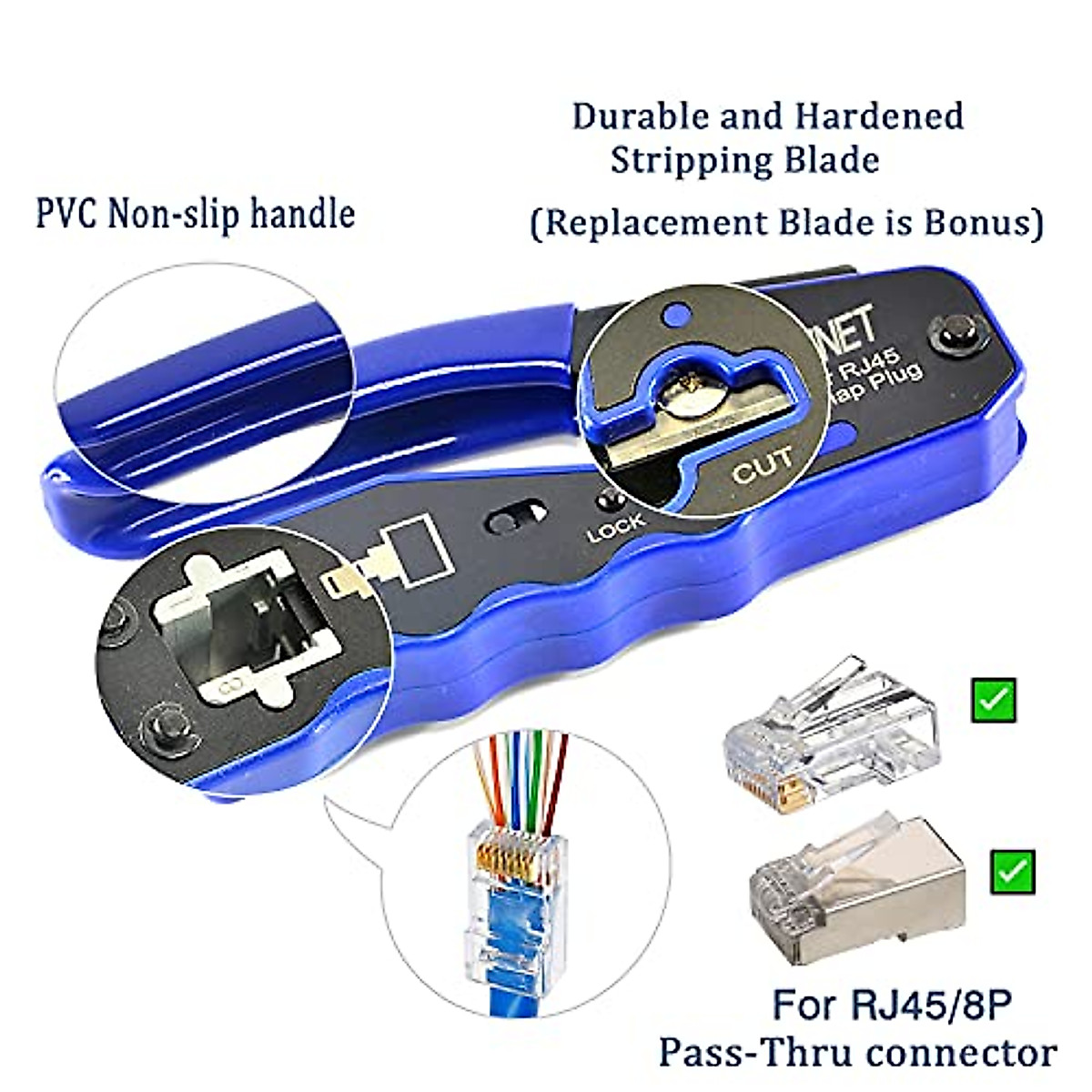 VINET RJ45 Crimp Tool Ethernet Crimping Tool All-in-one Crimper Wire Stripper Cutter For Pass Through Cat6 Cat5e Connectors With Replacement Blades