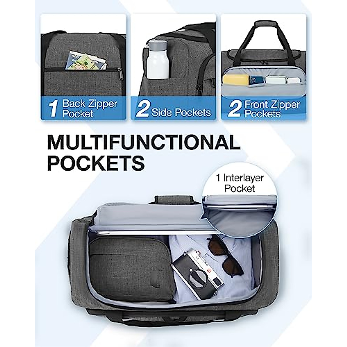 Gym Bags for Men Women, BAGSMART Duffle Bag for Travel Duffel Bags, Carry on Weekender Overnight Bag, Personal Item Travel Bag, Hospital Bags for Labor and Delivery, Shoes Bag, Grey-38L