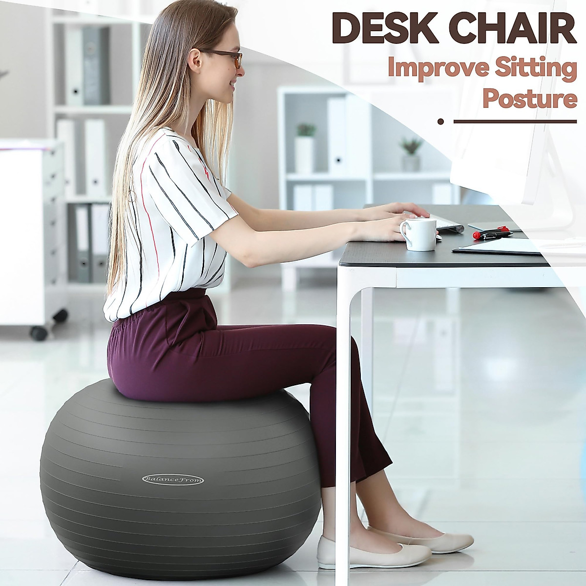 Signature Fitness Anti-Burst and Slip Resistant Exercise Ball Yoga Ball Fitness Ball Birthing Ball with Quick Pump, 2,000-Pound Capacity, Gray, 26-inch, L