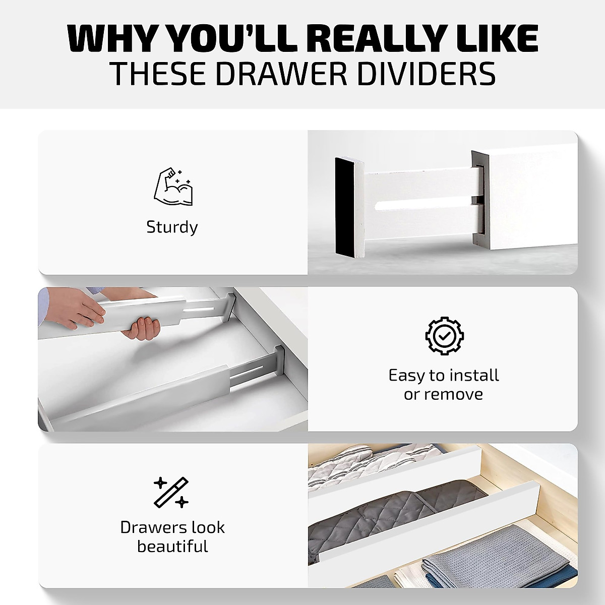 4 Pack Drawer Dividers Bamboo 2.6" High, 16-22" Adjustable Drawer Organizers for Clothes, Expandable Dresser Separators in Bedroom/Bathroom/Kitchen/Office Organization and Storage (White)