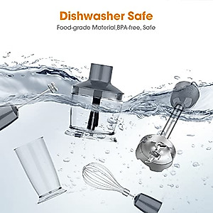 FUNAVO.vo Immersion Blender, 800W 5-in-1 Hand Blender 12 Speed 304 Stainless Steel Stick Blender with Turbo Mode, 600ml Beaker, 500ml Chopping Bowl, Whisk, Milk Frother, BPA-Free(Grey)