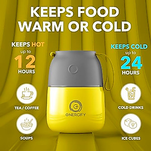 Vacuum Insulated Food Jar Portable 12oz Thermos incl. Folding Spoon, Cup. Hot & Cold Drinks Heated Soup Lunch Container for Kids and Women Premium BPA-Free Stainless Steel Leak Proof Starfruit Yellow