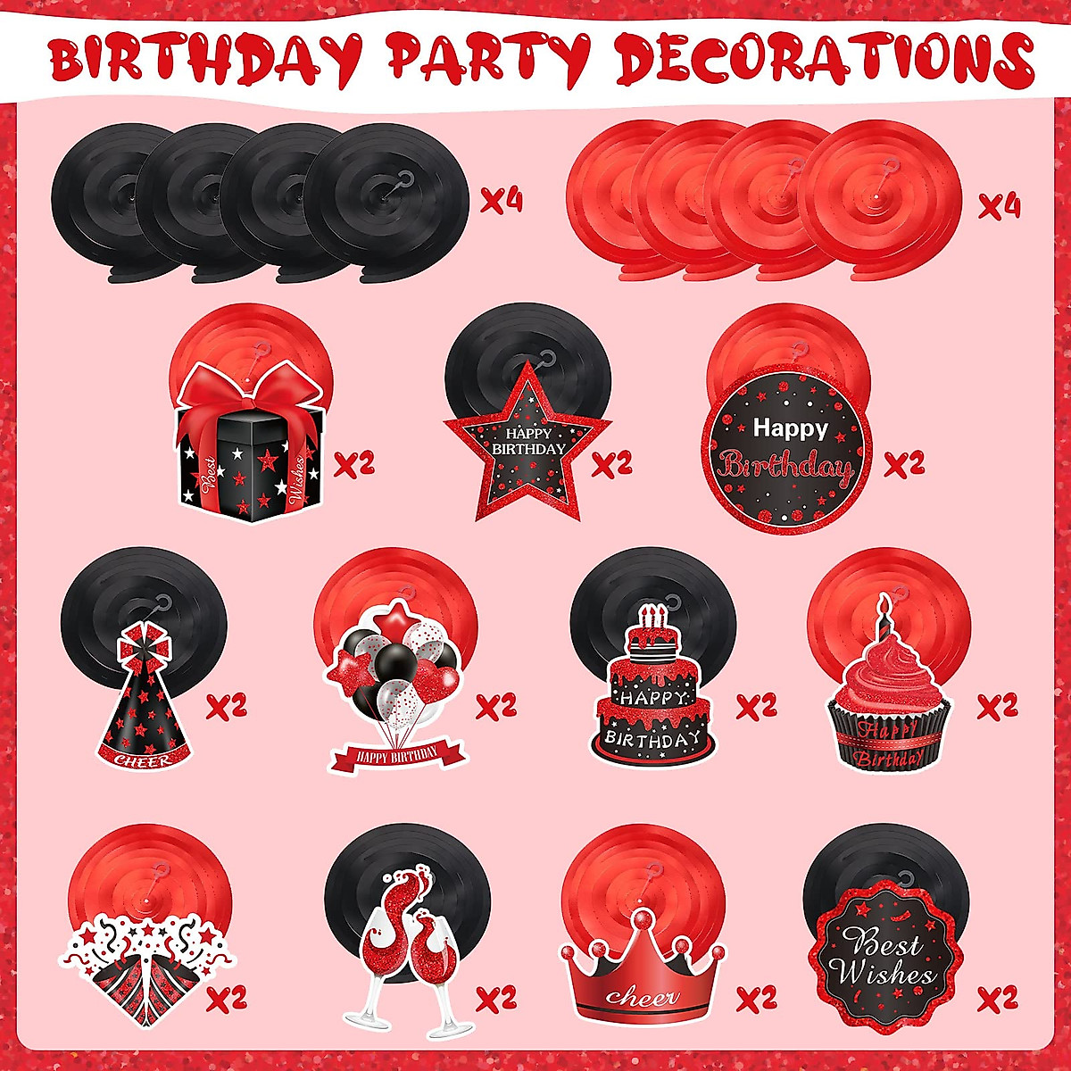 Funrous 30 Pieces Happy Birthday Hanging Swirl Decorations Birthday Party Ceiling Streamers Party Foil Swirls for Kids Women Men Birthday Party Decor Supplies (Red and Black)