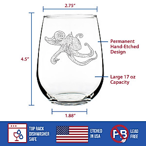 Octopus Stemless Wine Glass - Octopus Decor or Gifts for Beach and Ocean Lovers - Engraved Design - Large 17 Oz Glasses