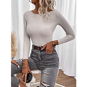 SweatyRocks Women's Basic Long Sleeve Boat Neck Top Ribbed Knit Slim Fit Pullover Sweater Apricot S