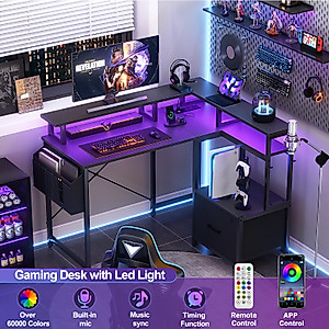 Homieasy Small Computer Desk with File Drawer Cabinet, L Shaped Office Desk with Printer Stand & Monitor Stand, 39 Inch Gaming Desk with Power Outlets Led Light Storage Bag Hanging Hooks, Black