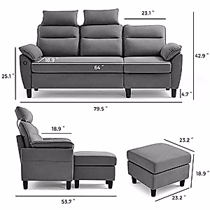 LINSY HOME Convertible Sectional Couch, 3 Seat L Shaped Sofa with 2 USB Ports and Storage Bags, Small Sectional Sofa Set for Living Room, Apartment, Dark Gray