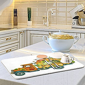 Absorbent Dish Drying Mat for Kitchen Counter - Thanksgiving Pumpkin Sunflower Truck Microfiber Drying Pad, Reversible Drainer Mats for Countertop, Large 18" x 24"