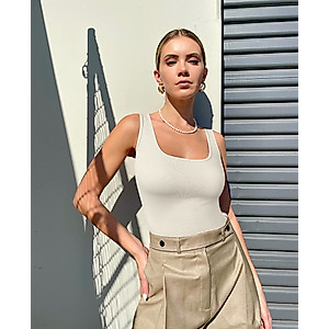 OQQ Women's 3 Piece Shirt Square Neck Stretch Fitted Layer Sleeveless Tank, Black,coffee,beige, Large