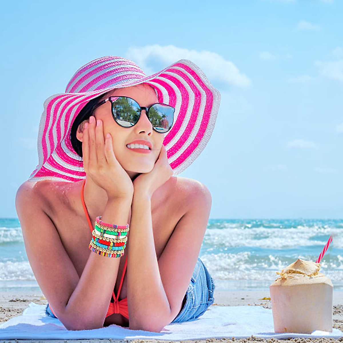 FAERLIIRY Preppy Beaded Bracelets Heishi Stretch Bracelets for Women Cinco de Mayo Bracelets Polymer Clay Stackable Charm Summer Bracelets Sufer Beach Bracelets Preepy Jewelry(9PCS)