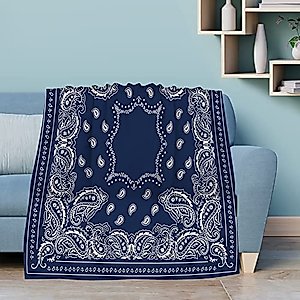 Kamoxi Navy Blue Bandana Print Blanket Vintage Flowers Paisley Floral Throw Blankets for Men Women Fluffy Fleece Flannel Soft Cozy Sofa Chair Bed Couch Blanket Decor Camping Travel Quilts 50"x40"