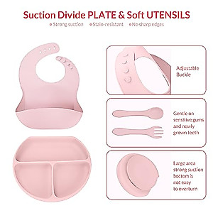 Silicone Baby Feeding Set - REIKTLUD Baby Led Weaning Supplies - Silicone Suction Bowls Divided Plates, Sippy and Snack Cup - Toddler Self Feeding Eating Utensils Set with Bib, Spoons, Fork (Pink)