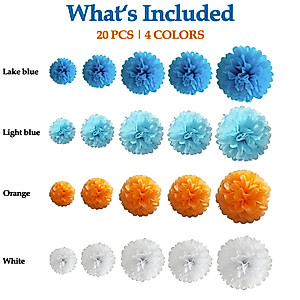 20PCS Acqua Blue,Light Blue,Orange & White Tissue Paper Pom Poms Set-Ideal for Birthday,Bridal Showers,Wedding,Baby Shower Party Decorations (14",10",8",6)