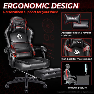 N-GEN Gaming Chair with Footrest Levelled Seat PU Leather Adjustable Ergonomic Lumbar Support High Back Office Swivel Computer Desk Headrest E-Sports PC Gamer Height Reclining (3. Black)