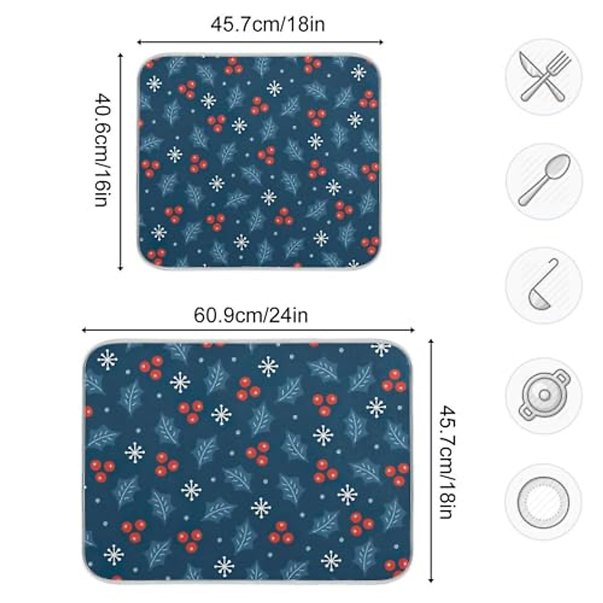 Christmas Holly Berry Leaves Dish Drying Mat Kitchen Counter Drying Mat Kitchen Matt Dish Dryer Cloth Dish Wish Drying Mat 18 x 24