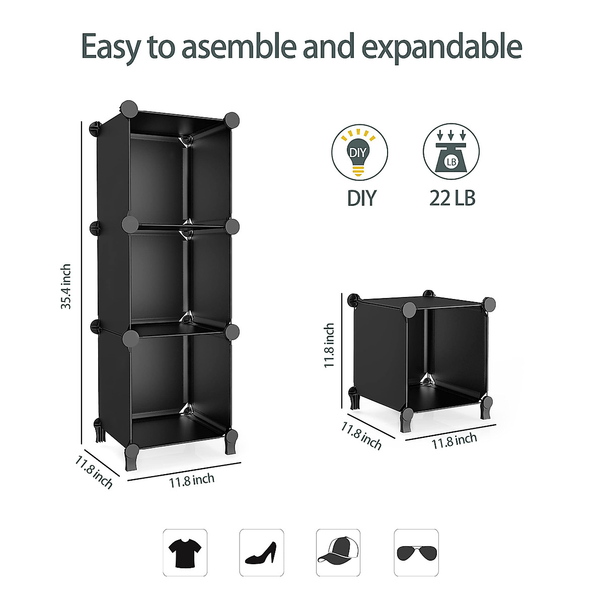 Anenz Cube Storage Shelves, DIY Plastic Cabinet Organizer - Unit for Closets Bedroom, Playroom, Living Room, Office, Dorm - Black (Set of 3)