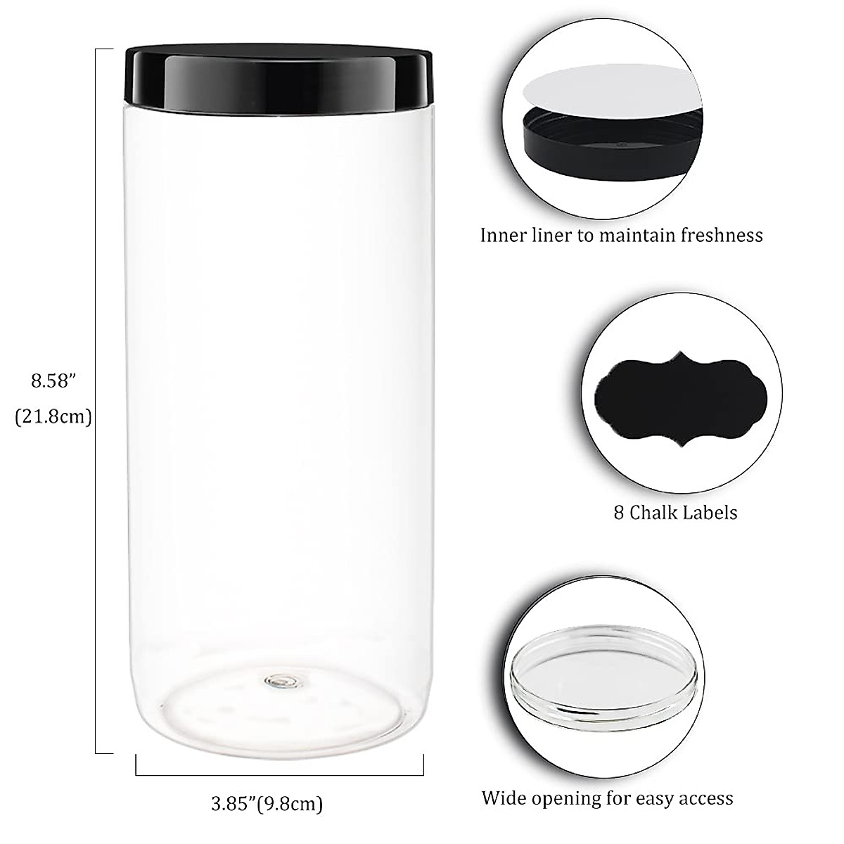 BPFY 6 Pack 50 oz Clear Plastic Jars with Black Lids, Chalk Labels, Pen, Plastic Food Storage Jars, Wide Mouth Kitchen Canisters for Dry Goods, Nuts, Cookie