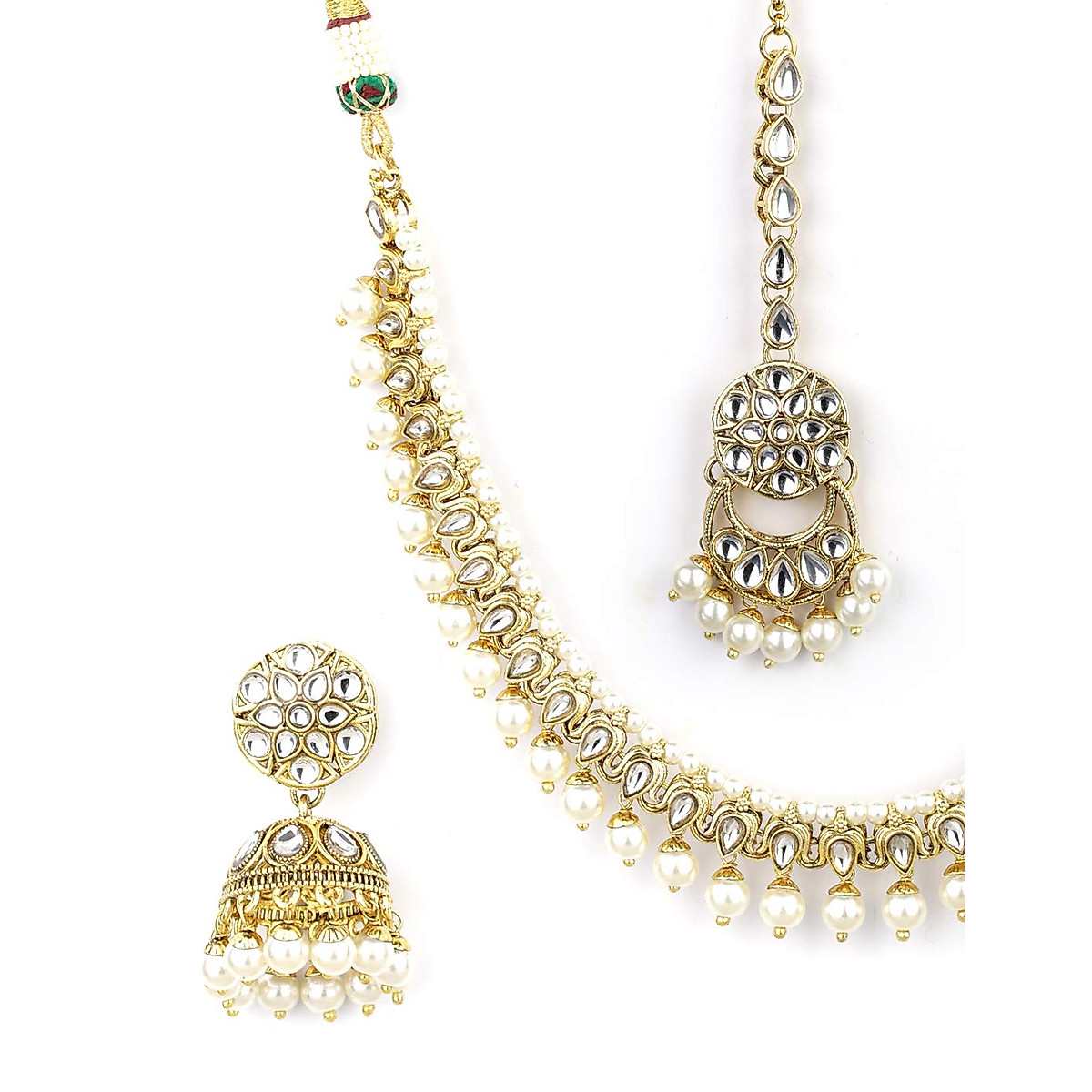 Priyaasi Kundan Indian Jewellery Set for Women with Mang Tikka | Gold-Plated | Floral-Leaf Design | Pearl Drop | Indian Bridal Jewelry Set for Wedding | Jhumka Earrings | White & Golden