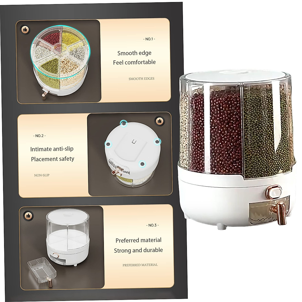 Rice Containers, 360 Degree Rotating Dry Food Dispenser with 6 Compartments Holder, Clear Grain Dispenser, Grain Storage Bin for Rice & Beans (10KG Capacity)