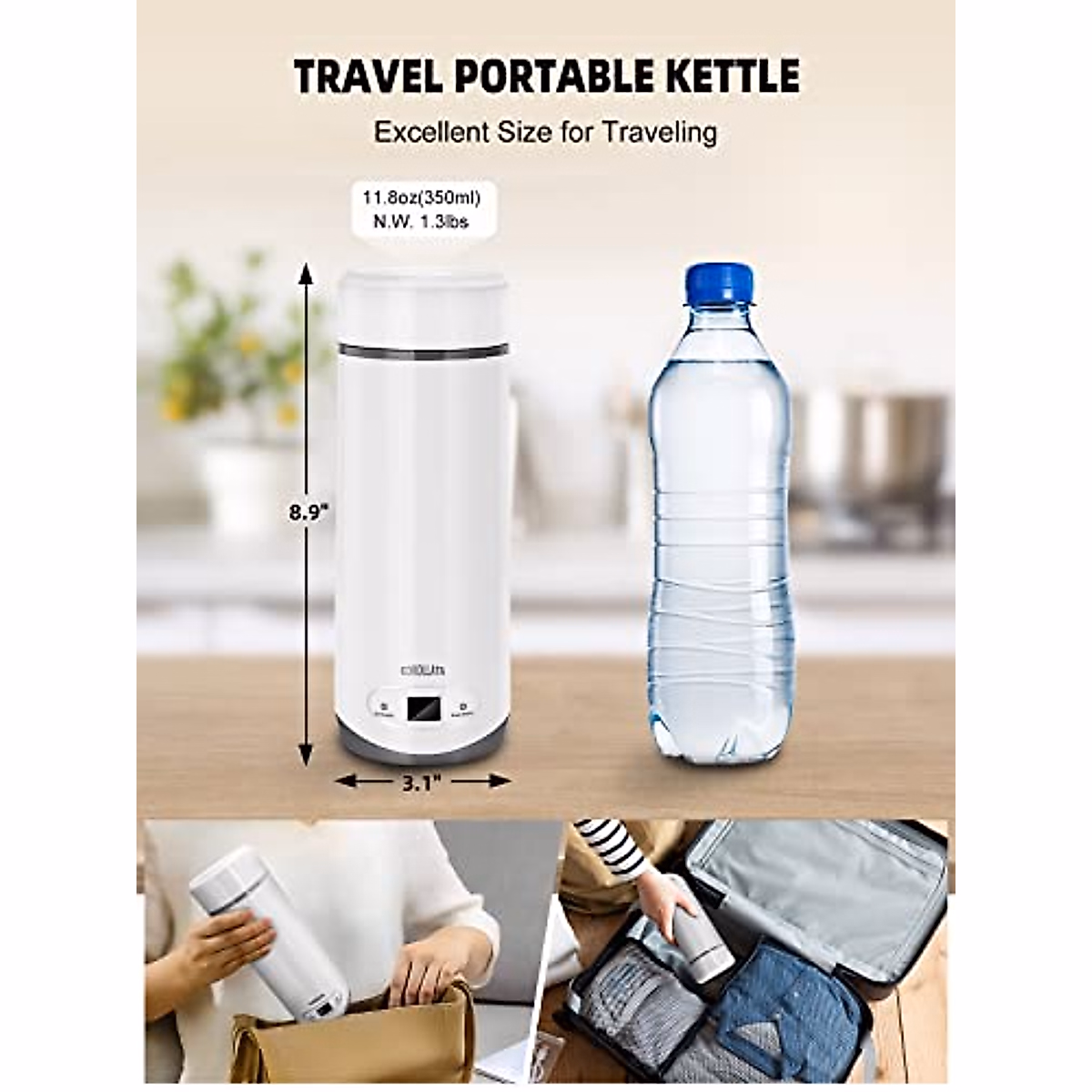 Portable Electric Kettle, Inbuilt ＆ Hidden Cord Upgrade, Travel Electric Water Boiler w/ Current Display, 8 Preset TEMP, Small Capacity Instant Brewing for Tea, Coffee, Milk, On The Go (11.8 Oz)
