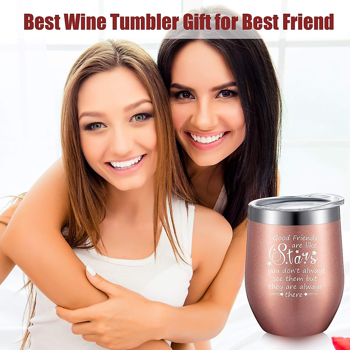 2 Pack Good Friends are Like Stars Wine Tumbler Cup, Friendship Gift, Funny Long Distance Birthday Gift for Women, Best Friend, Soul Sister, BFF, Coworkers, Sister Tumbler Mug with Gift Box (12 oz)