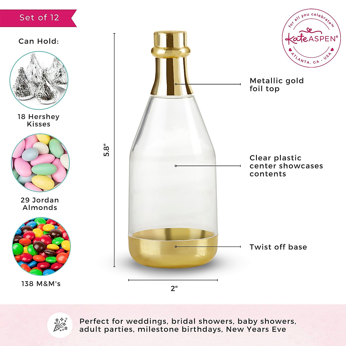Kate Aspen Gold Metallic Mini Champagne Bottle Container (Set of 12) DIY Favor, Medium, Adult Party Favours
