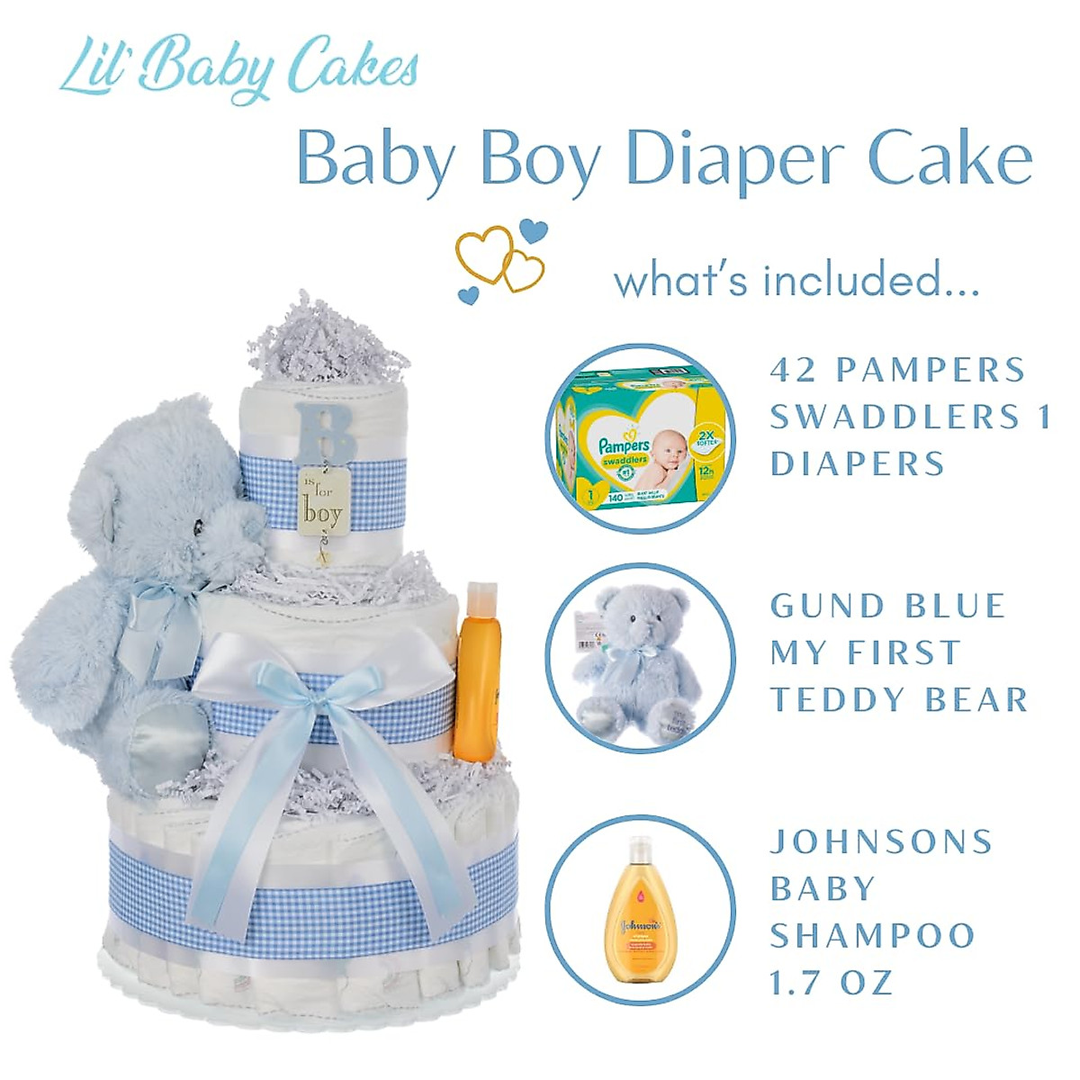 Lil' Baby Cakes Boy Blue Diaper Cake - Makes a Beautiful Baby Gift - Adorable and Practical Handmade Baby Gift with 42 Swaddler Diapers Size 1-10 in x 12 in
