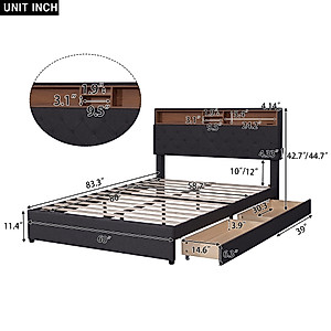 ccko Queen Size Bed Frame with Storage Headboard, USB Charging Station and 2 Drawers, No Box Spring Needed Upholstered Platform Bed Frame with LED Light Strip, Dark Gray(Not Include Mattress)