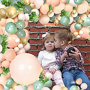 JULLIZ 148pcs Sage Olive Green Peach Blush Pink Balloon Garland Arch Kit with Ivy Leaves, Jungle Safari Shower Birthday Theme Party Decoration Supplies