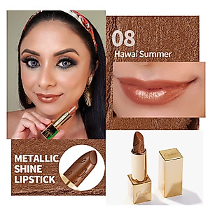 Oulac Dark Brown Lipstick for Women with Metallic 3D Shine Lightweight Hydrating Formula, High Impact Lip Color, Vegan Beauty, Full Coverage Lip Makeup, Hawaii Summer(08)