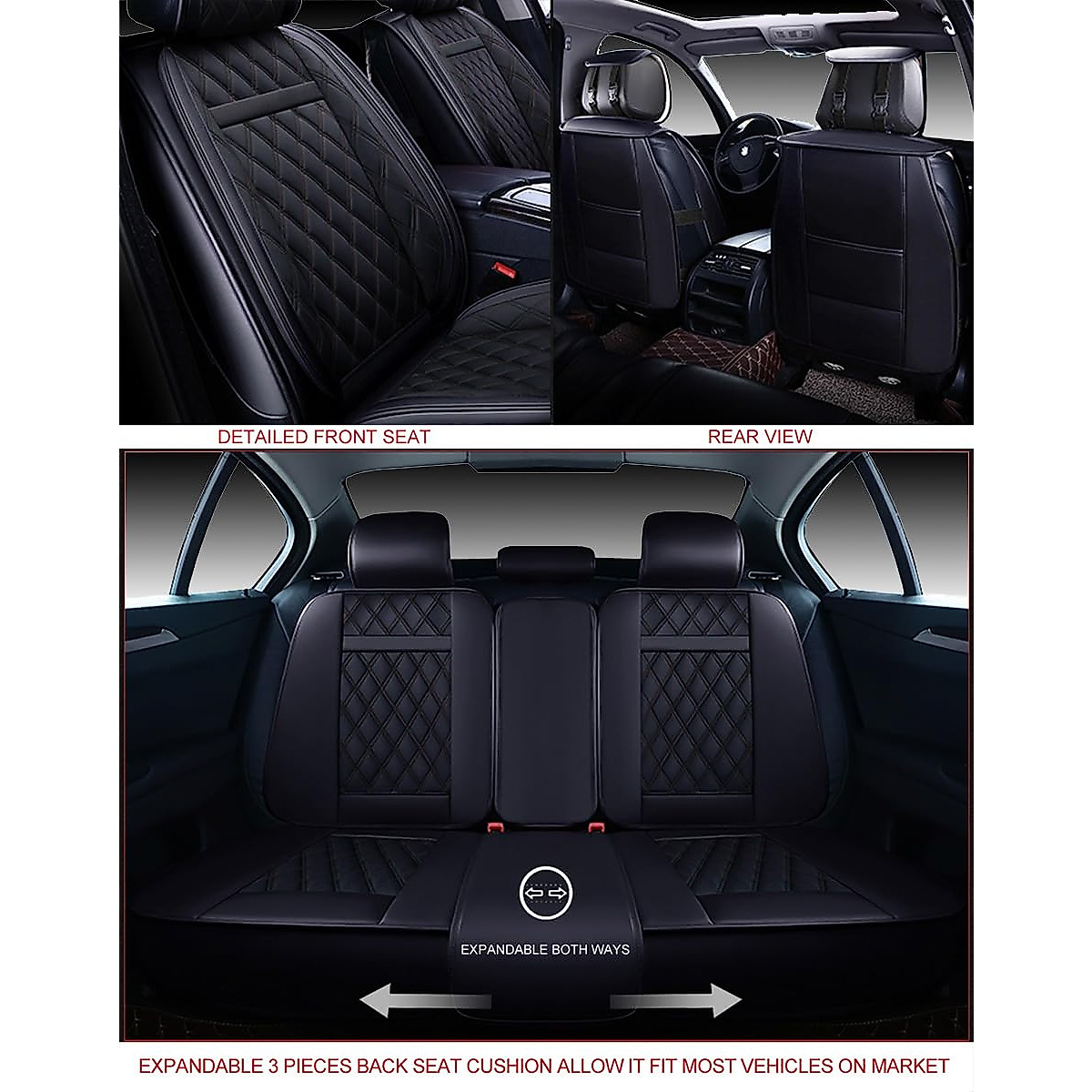 OASIS AUTO Car Seat Covers Accessories Full Set Premium Nappa Leather Cushion Protector Universal Fit for Most Cars SUV Pick-up Truck, Automotive Vehicle Auto Interior Décor (OS-009 Black)