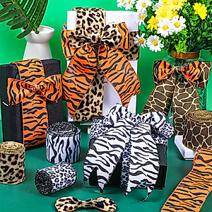 5 Rolls Jungle Animal Wired Ribbons 2.5 Inch Safari Animal Burlap Wrapping Ribbon for Crafts Leopard Zebra Cheetah Green Leaves Printed Ribbon for DIY Craft, Wild One Party Decor (Cool Style)