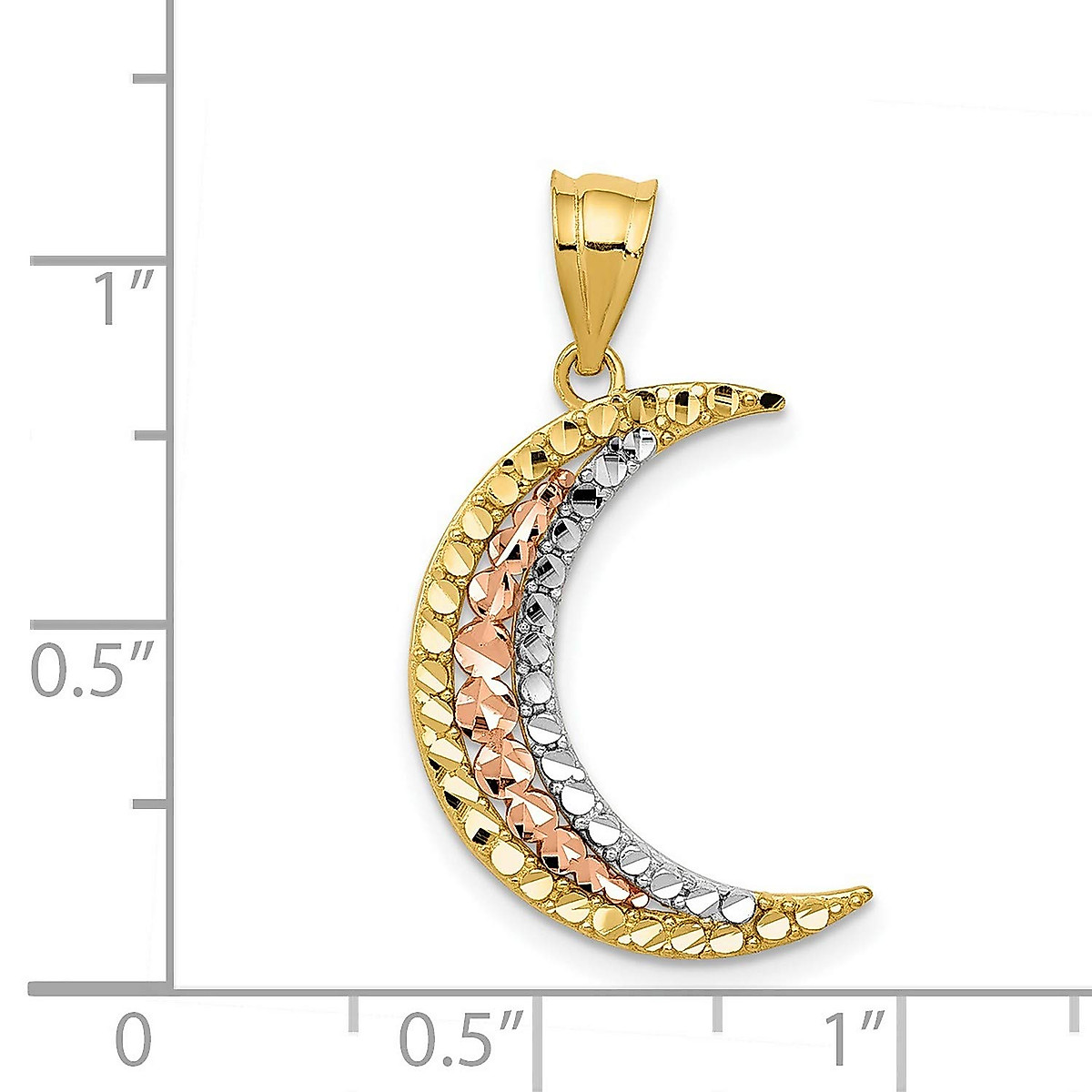 14k Tri-Color Yellow White And Rose Gold Crescent Moon Pendant 28 mm x 14 mm