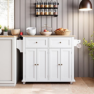 GAOMON Kitchen Island Car with Storage, Wood Top Rolling Mobile Carts on Wheels with Drawer and Storage Cabinet, White