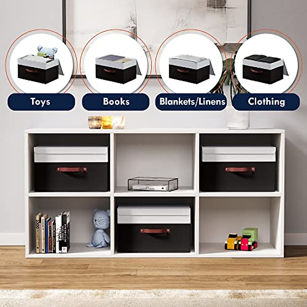 Ornavo Home 3 Pack Collapsible Storage Bins with Lid, Foldable Linen Fabric Shelf Storage Basket Closet Organizer and Large Storage Box for Clothes with Leather Handles, 15 x 10 x 9, White/Black