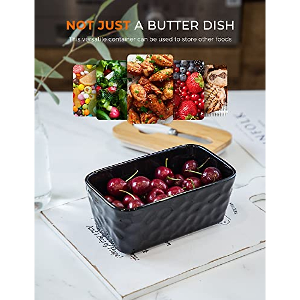 Large Butter Dish with Lid for Countertop Porcelain Butter Container with Knife Double Silicone Seal Butter Dishes with Covers Perfect for West or East Coast Butter, Unique Stone Pattern Black