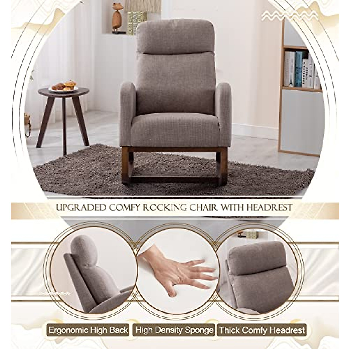 KINFFICT Comfy Rocking Chair, Upholstered Accent Glider Rocker for Baby Nursery or Relaxation, Living Room Armchair with High Back and Headrest, Modern Rocking Glider with Side Pocket, Grey