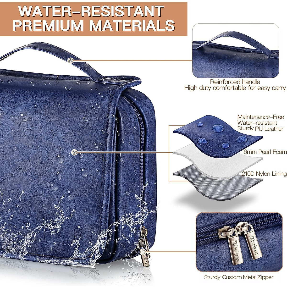 Elviros Toiletry Bag Hanging Travel Organizer for Men and Women, 3 in 1 Multifunctional Large Makeup Cosmetic Case for Toiletries Accessories, Water-resistant PU Leather Bathroom Dopp Kit Shaving Bag