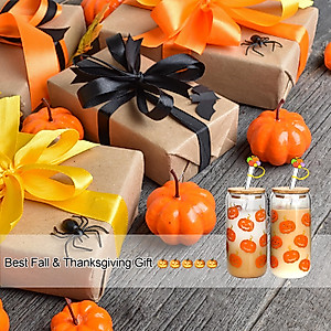 ANOTION Fall Glass Cups with Lids and Straws - Autumn Thanksgiving Halloween Gifts for Women - 2 Pack 18oz Fall Smile Pumpkins Mug, Pumpkin Glass Jar Drinking Glasses Iced Coffee Cup, Halloween Decor